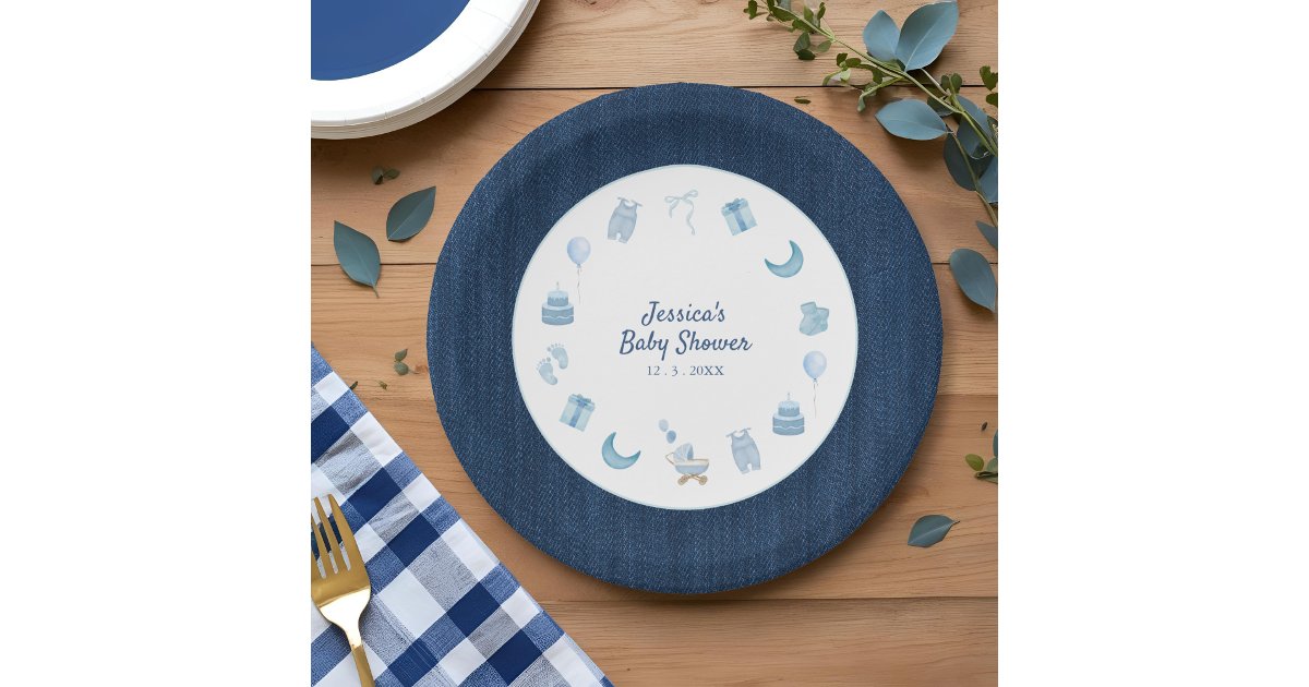 Navy Denim Blue Jean Baby Shower Paper Plates | Zazzle