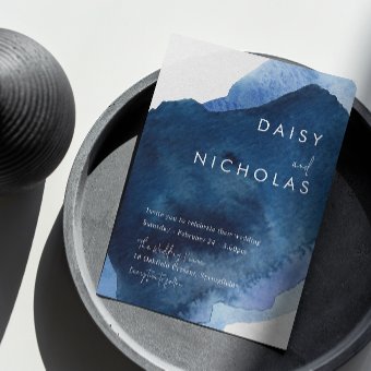 Navy Dusty Blue Ocean Watercolor Wedding Invitation | Zazzle