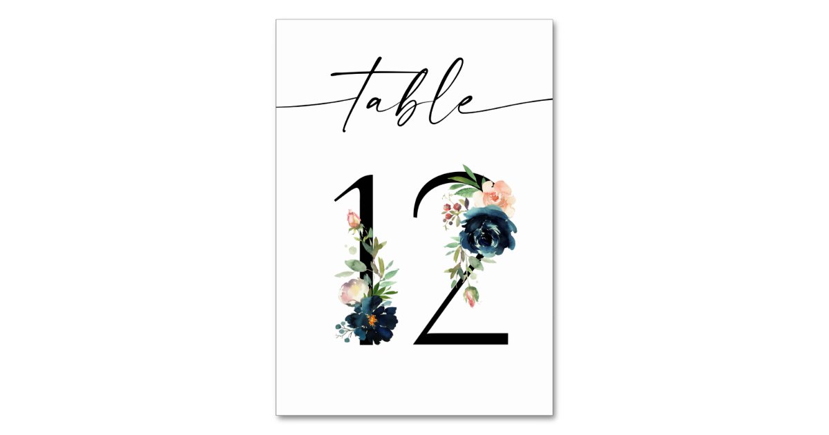 Navy, Dusty Blue & Pink Floral Table Number 12 | Zazzle