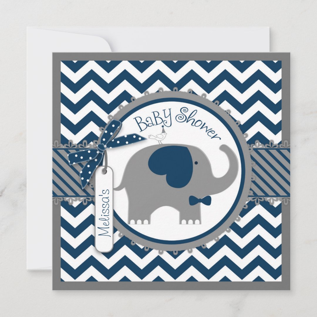Navy Elephant and Chevron Print Baby Shower Invitation | Zazzle