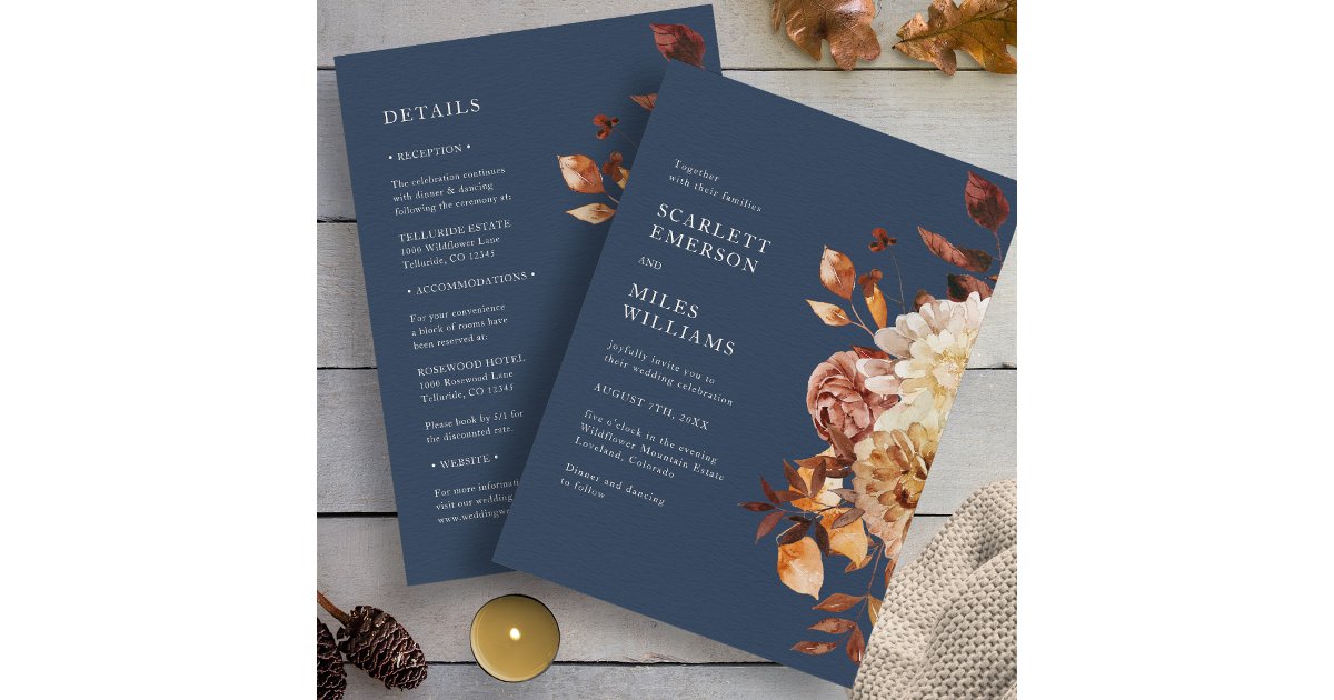 Navy Fall All In One Wedding Invitation | Zazzle