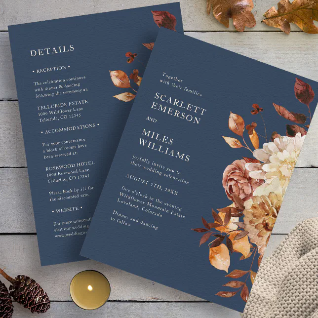Navy Fall All In One Wedding Invitation | Zazzle