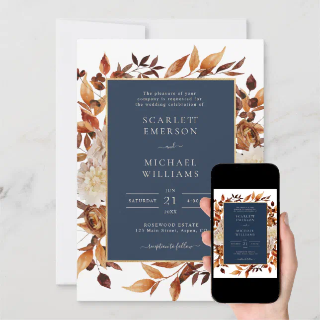 Navy Fall Floral Wedding Invitation | Zazzle