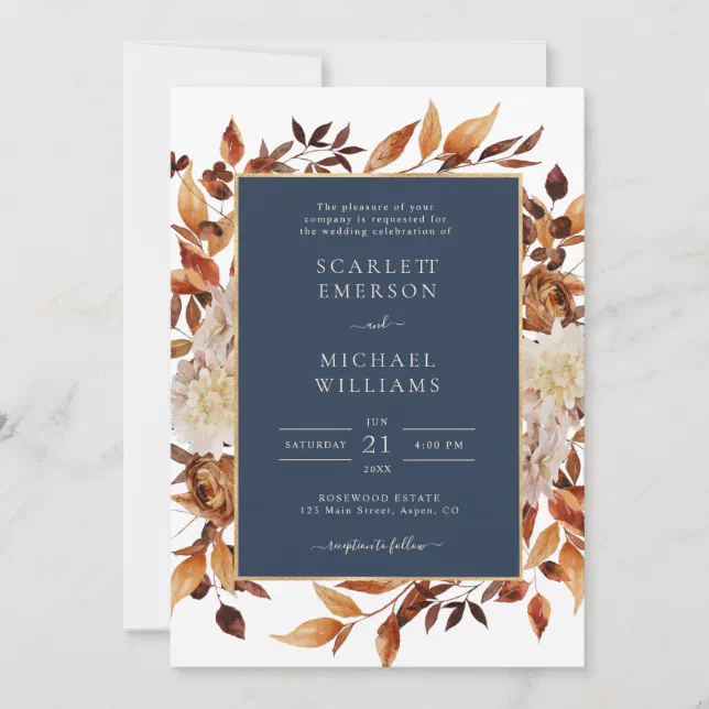 Navy Fall Floral Wedding Invitation | Zazzle