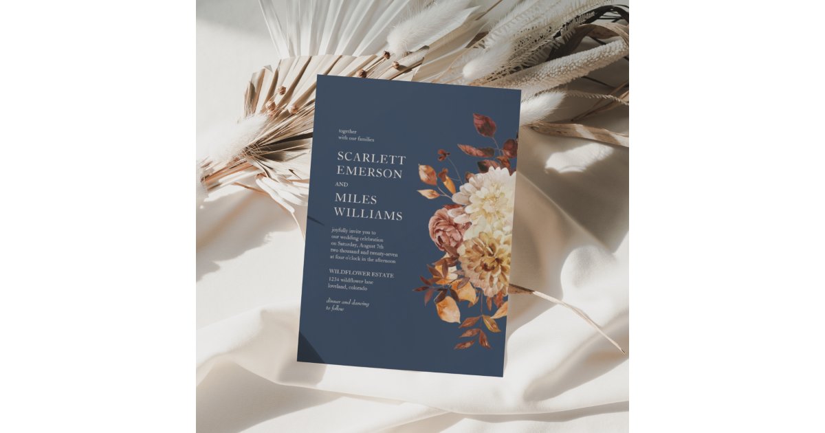 Navy Fall Floral Wedding Invitation | Zazzle