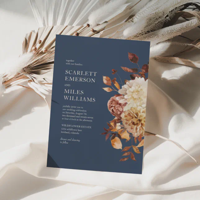Navy Fall Floral Wedding Invitation | Zazzle