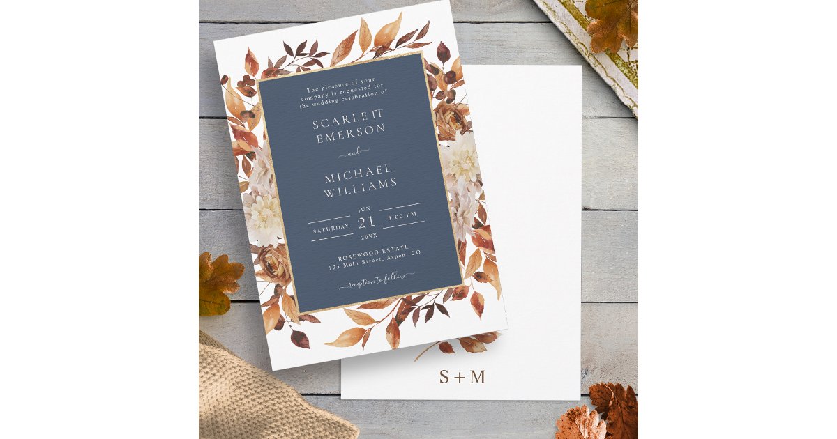 Navy Fall Floral Wedding Invitation | Zazzle