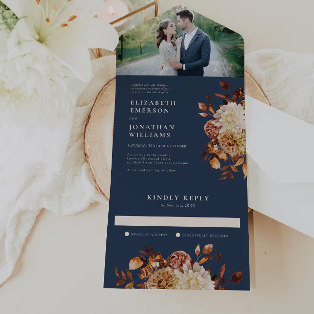 Navy Fall Photo Wedding All In One Invitation | Zazzle