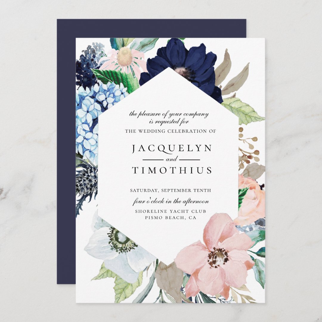 Navy Floral Frame Wedding Invitation | Zazzle