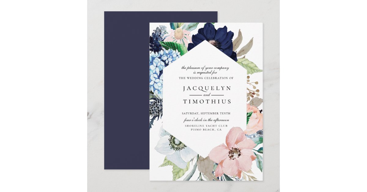 Navy Floral Frame Wedding Invitation | Zazzle