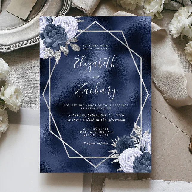 Navy Foil Dusty Blue Silver Floral Wedding Invitation | Zazzle