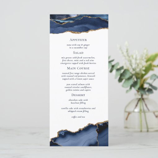 Navy Gold Agate Geode Marble Wedding Menu | Zazzle