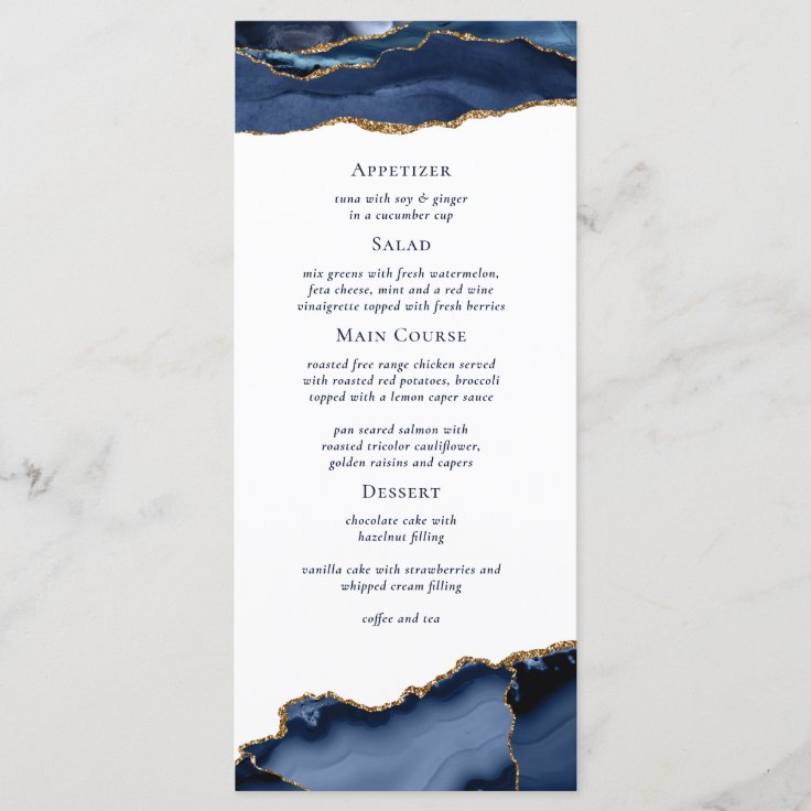 Navy Gold Agate Geode Marble Wedding Menu | Zazzle