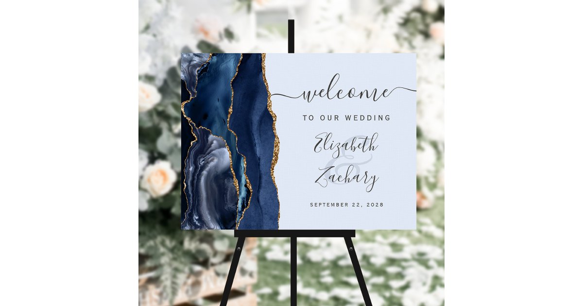 Navy Gold Agate Pale Blue Wedding Welcome Sign | Zazzle