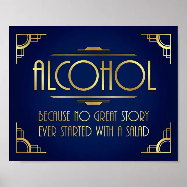 Navy Gold Art Deco ALCOHOL SALAD Quote Sign Print | Zazzle