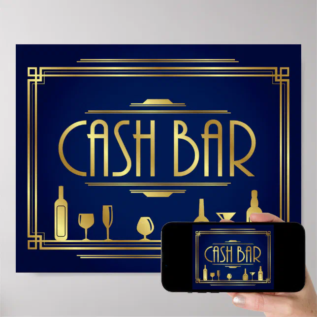 Navy Gold Art Deco CASH BAR Sign Print | Zazzle