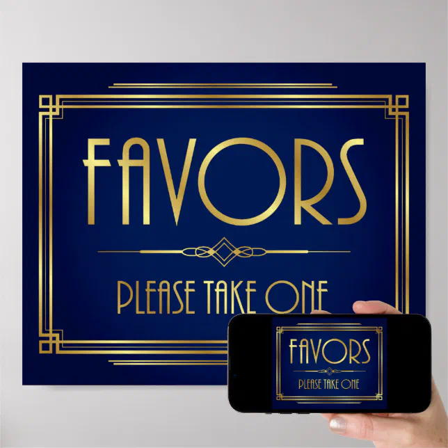 Navy Gold Art Deco FAVORS Take One Sign Print | Zazzle
