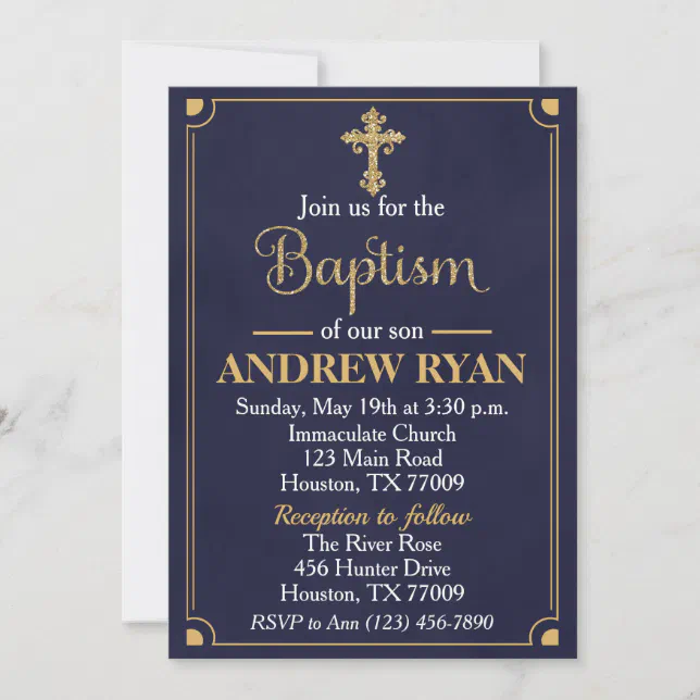 Navy & Gold Boy Baptism Invitation | Zazzle