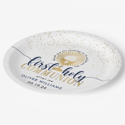 Navy & Gold Boy First Holy Communion Thank You Paper Plates | Zazzle