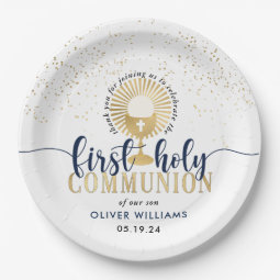 Navy & Gold Boy First Holy Communion Thank You Paper Plates | Zazzle