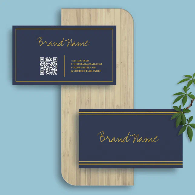 Navy Gold | Elegant Calligraphy Sleek QR Code Business Card | Zazzle
