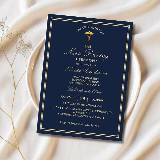 Navy Gold Elegant Nurse Pinning Ceremony Invitation | Zazzle