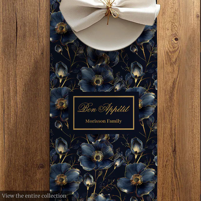 Navy Gold Flowers Table Runner Chic Modern Keepsak | Zazzle