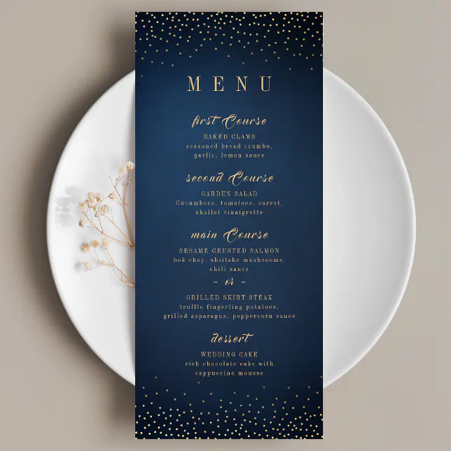 Navy & Gold Glitter Sophisticated monogram wedding Menu | Zazzle
