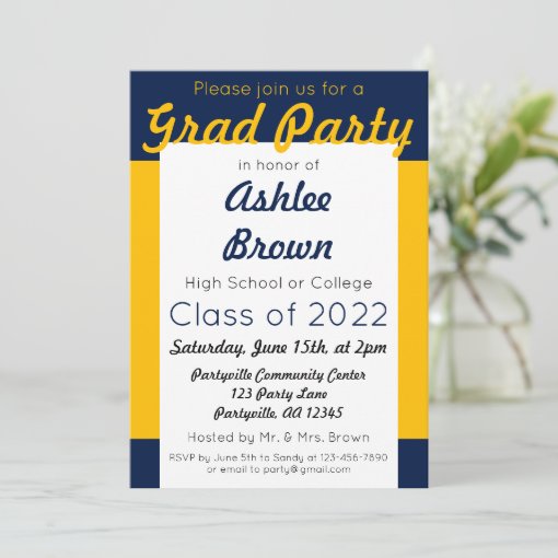 Navy Gold Grad Party Bold Graduation Invitation | Zazzle