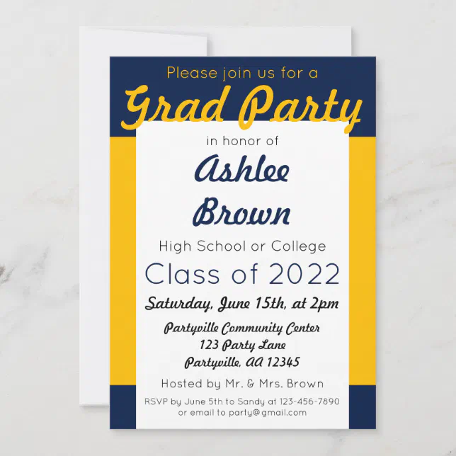 Navy Gold Grad Party Bold Graduation Invitation | Zazzle