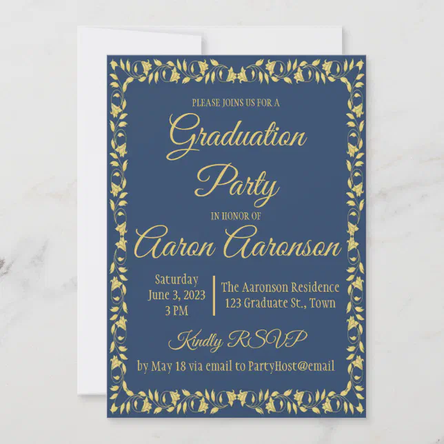 Navy & Gold Ivy Border Graduation Photo Invitation | Zazzle