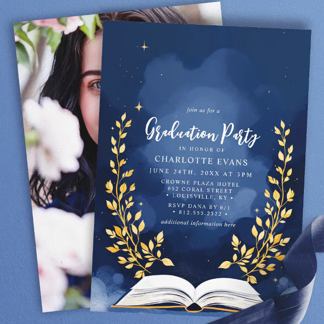 Navy Gold Laurel Book Graduation Party Photo Invitation | Zazzle