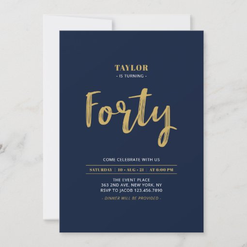 Navy & Gold Lettering Forty 40th Birthday Party Invitation | Zazzle