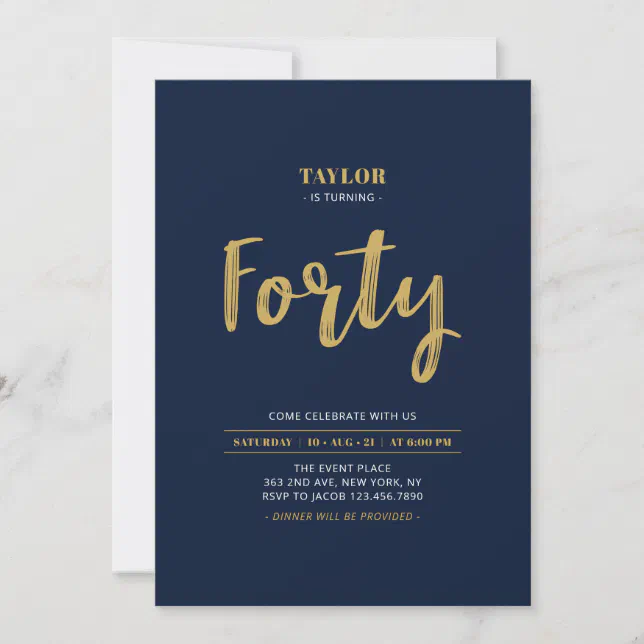 Navy & Gold Lettering Forty 40th Birthday Party Invitation | Zazzle