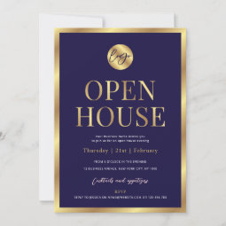 Navy & Gold Logo Modern Business Open House Invitation | Zazzle