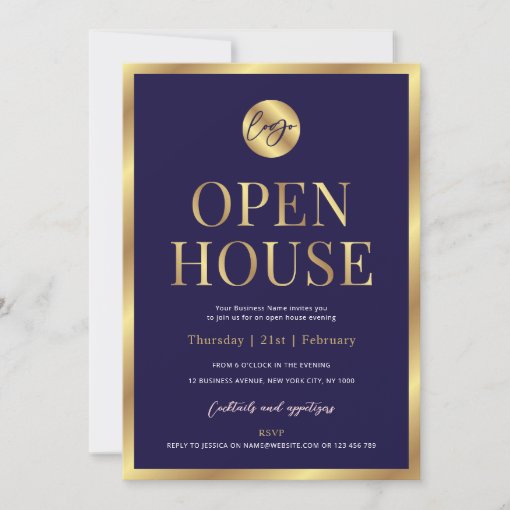 Navy & Gold Logo Modern Business Open House Invitation | Zazzle