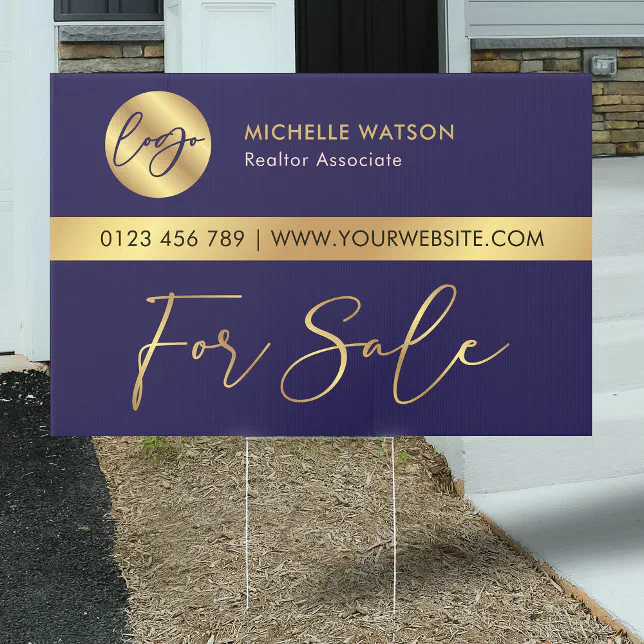 Navy & Gold Logo Professional Real Estate For Sale Sign | Zazzle
