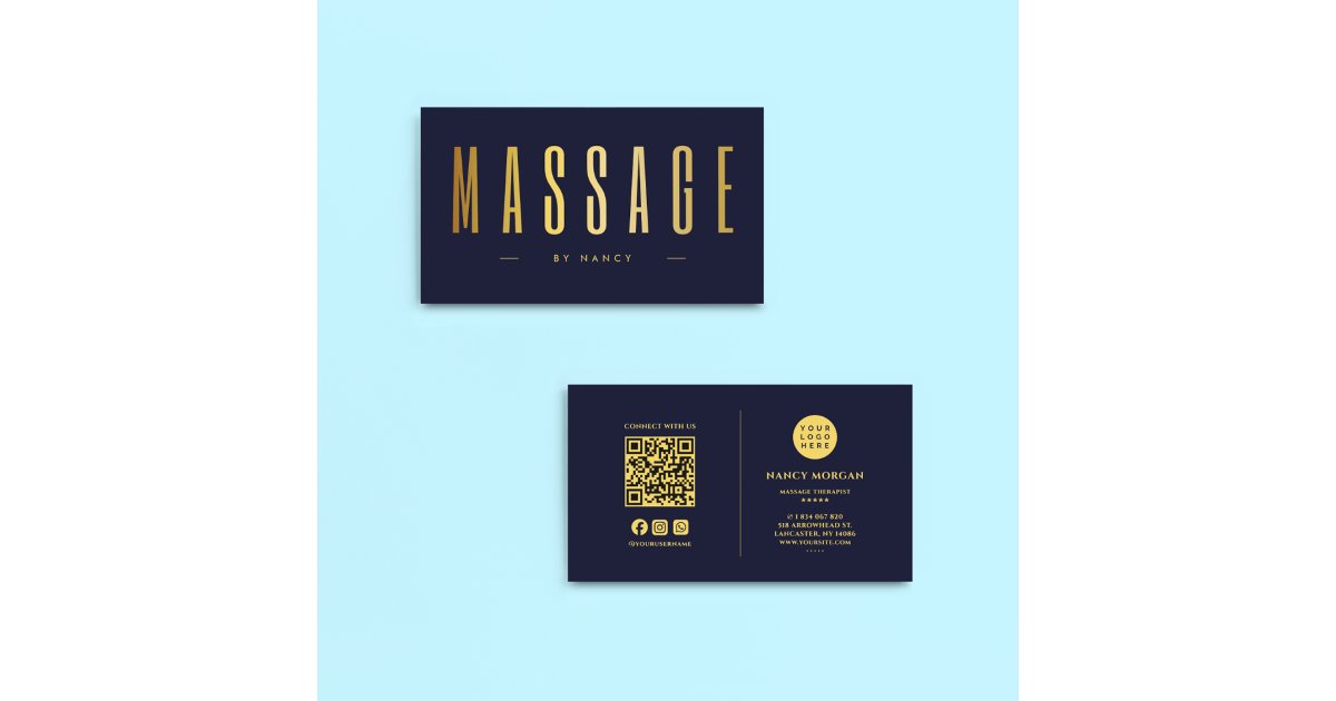 Navy & Gold Massage Therapist QR Code And Logo Business Card | Zazzle