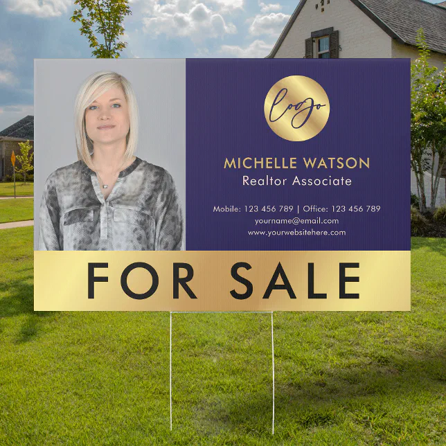 Navy & Gold Modern Logo Sales Agent Photo For Sale Sign | Zazzle