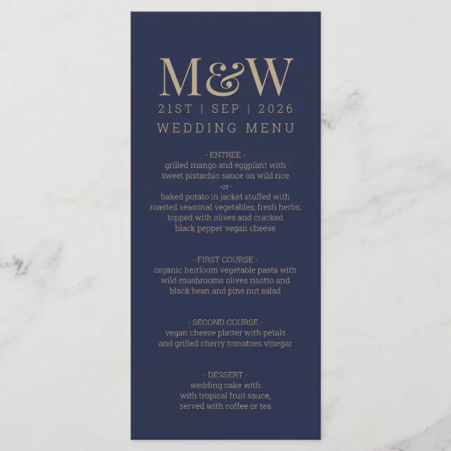 Navy Gold Monogram Wedding Menu | Zazzle
