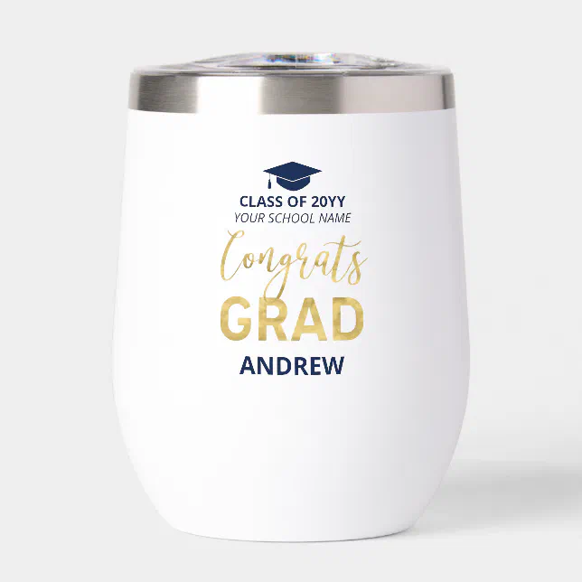 Navy & Gold | Name Congrats Grad Graduation Gift Thermal Wine Tumbler ...
