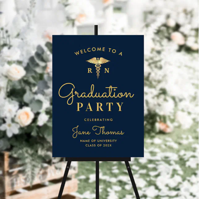 Navy & gold Nursing school grad party welcome sign | Zazzle