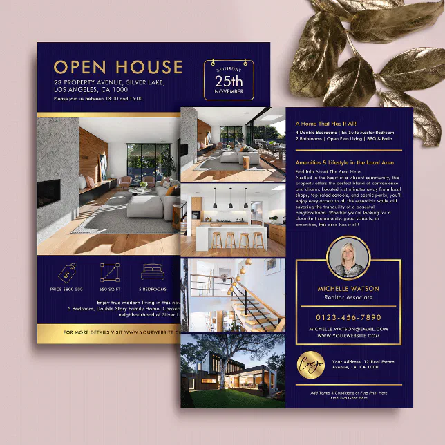 Navy & Gold Open House For Sale Flyer With Photos | Zazzle