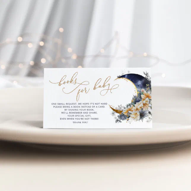 Navy gold over the moon books for baby ticket enclosure card | Zazzle