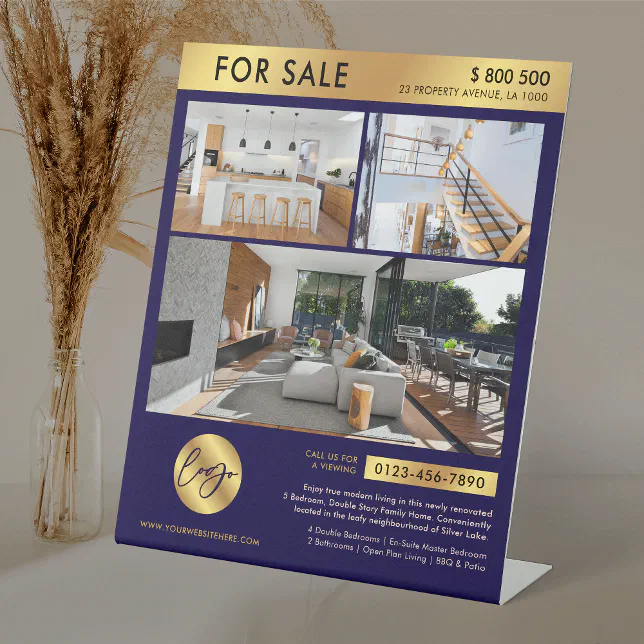 Navy & Gold Photo Collage Real Estate For Sale Pedestal Sign | Zazzle