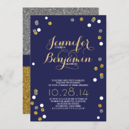 Navy Gold & Silver Confetti Modern Wedding Invite | Zazzle