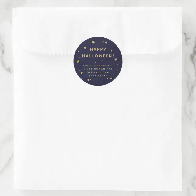 Navy + Gold Stars Custom Text/Address Classic Round Sticker | Zazzle