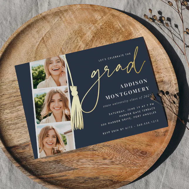 Navy | Gold Tassel Photo Strip Graduation Party Foil Invitation | Zazzle