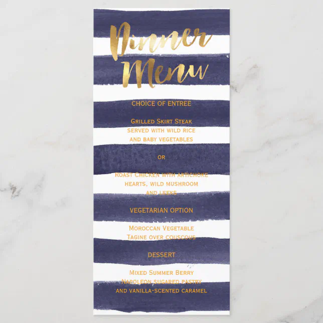 Navy Gold Watercolor Stripes Wedding Dinner Menu | Zazzle