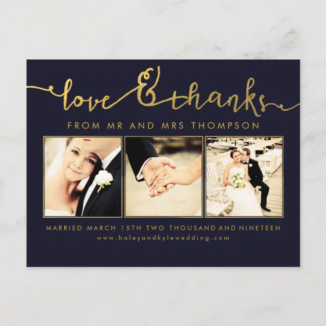 Navy Gold Wedding Love & Thanks Script Photo Postcard | Zazzle